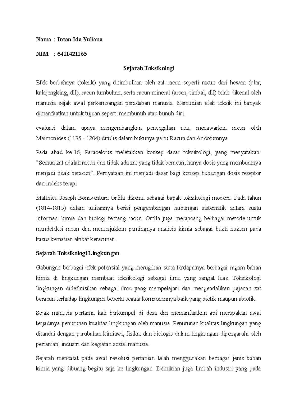 6411421165 Intan Ida Yuliana Sejarah Toksikologi - Nama : Intan Ida ...