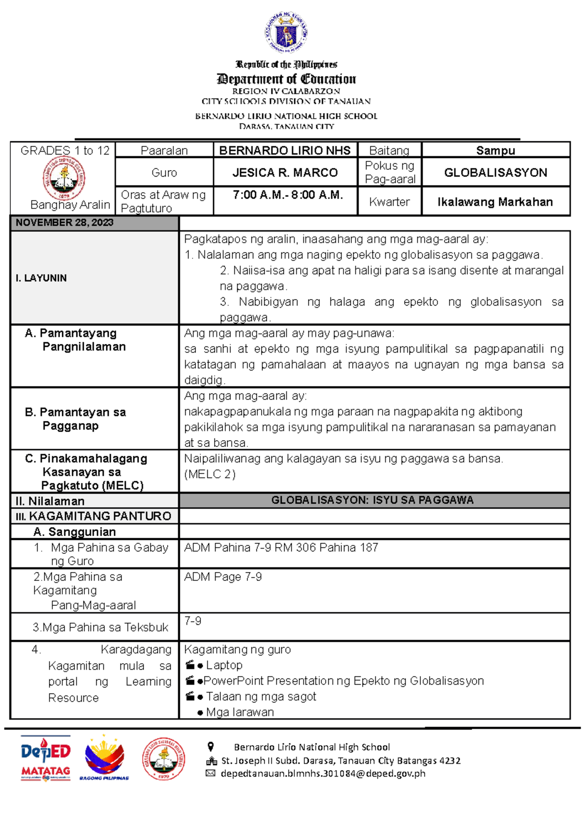 ISYU SA Paggawa - GRADES 1 to 12 Banghay Aralin Paaralan BERNARDO LIRIO ...