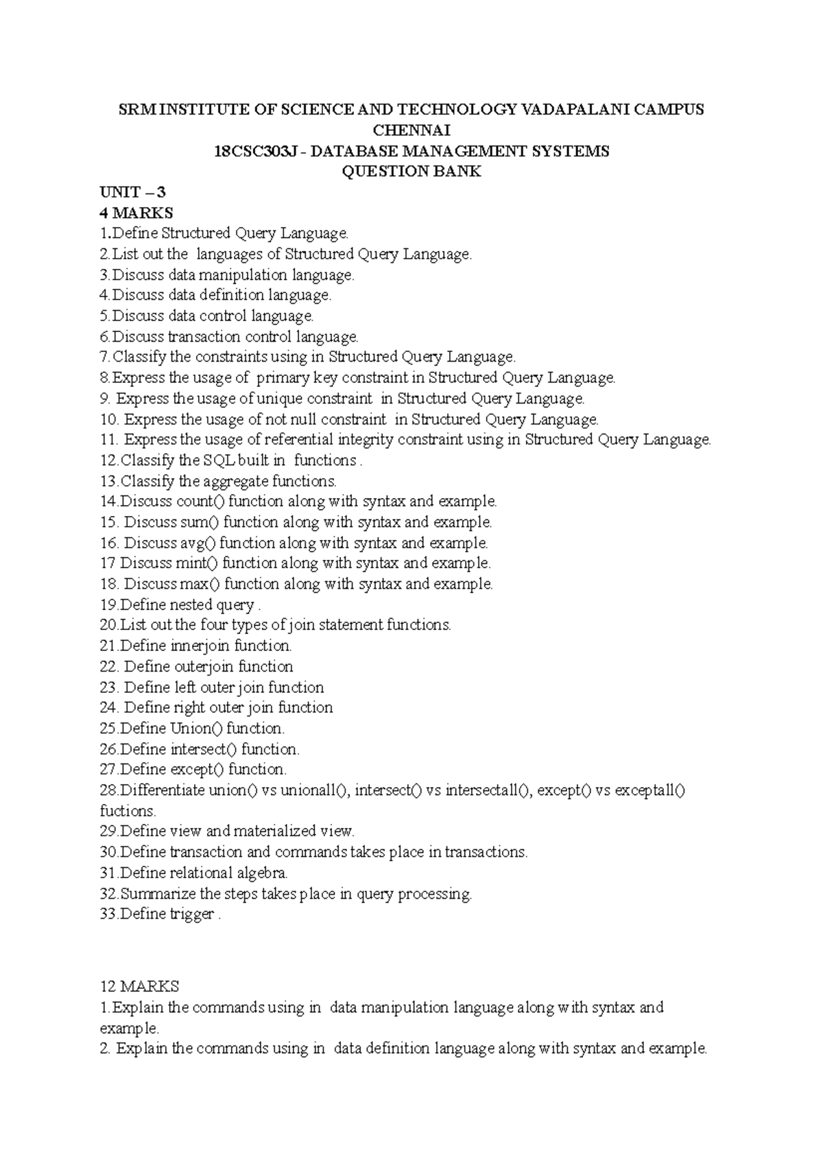 DBMS UNIT 3 QB - SRM INSTITUTE OF SCIENCE AND TECHNOLOGY VADAPALANI ...