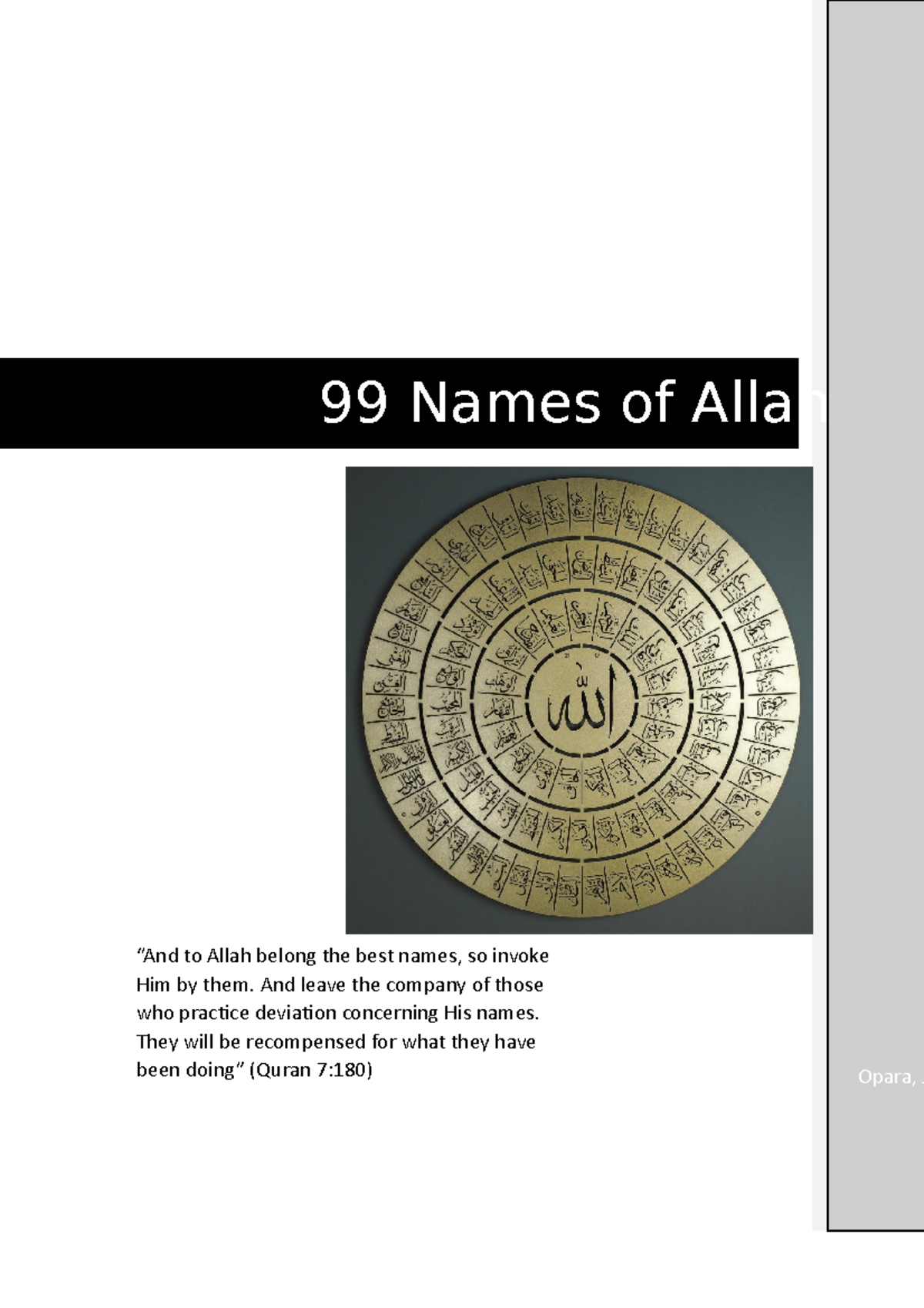 99 Names of Allah - Opara, J “And to Allah belong the best names, so ...