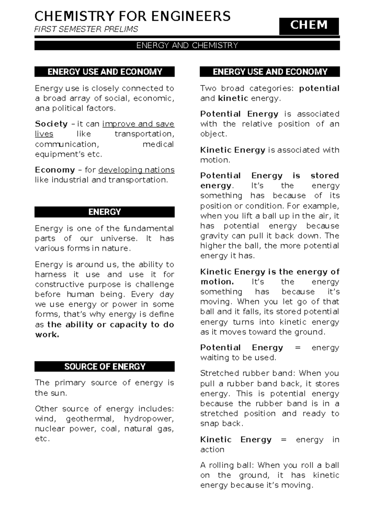 Energy and chemistry lesson 2 - FIRST SEMESTER PRELIMS ENERGY AND ...