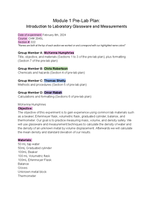 Module 2 Post Lab Questions - Beatrice Chostel CHM 2045L - 007 Spring 24 13 Feb. 2024 Module 2 ...