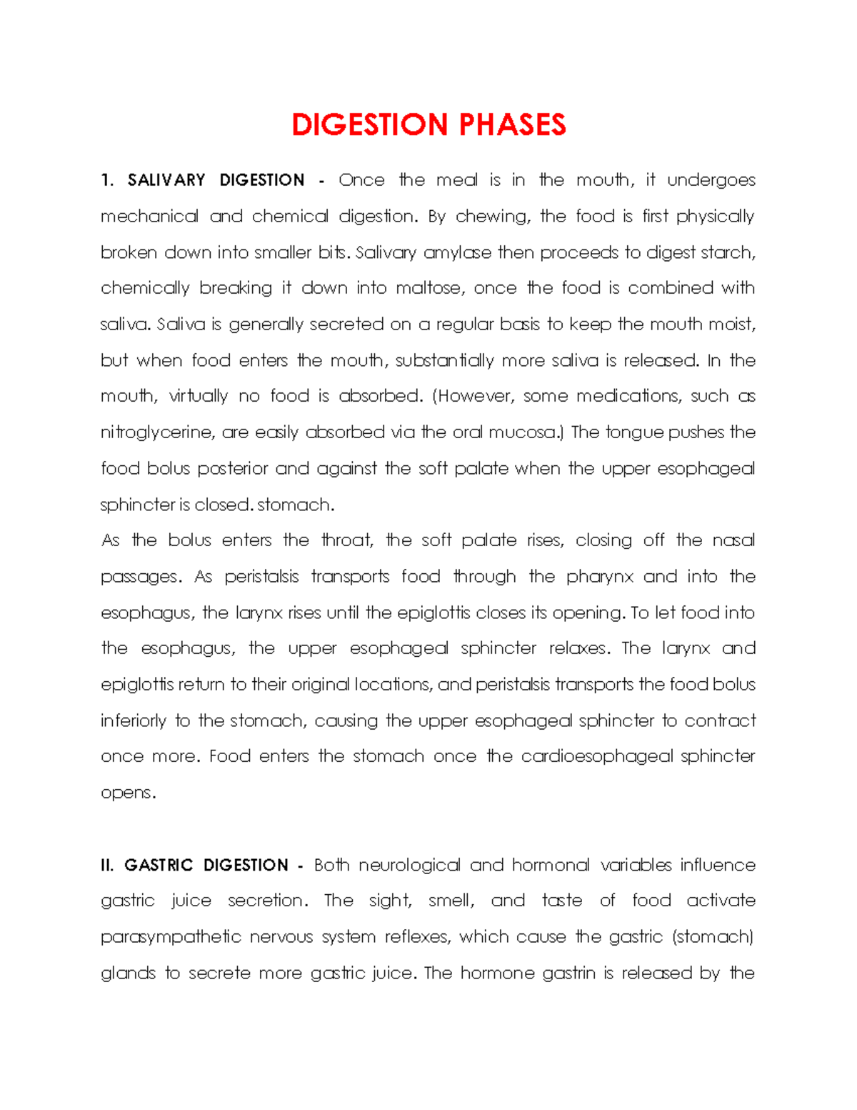 Digestion Phases - GUIDES - DIGESTION PHASES 1. SALIVARY DIGESTION ...