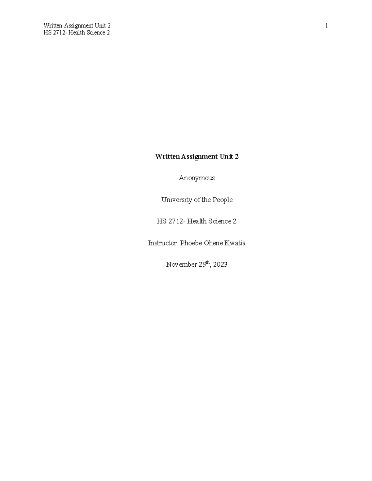 HS 2712- WA U2 - HS 2712- Health Science 2 Written Assignment Unit 2 ...