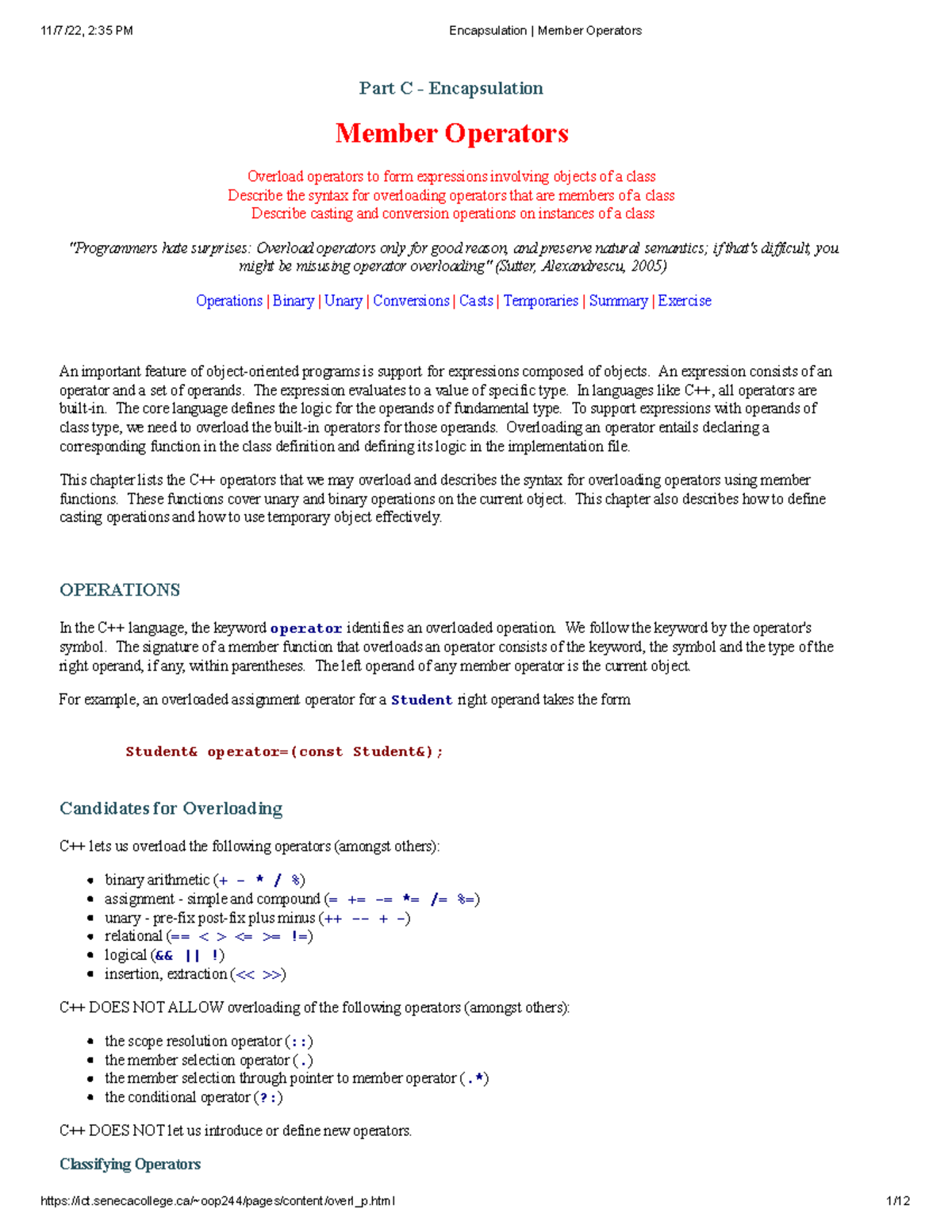 Encapsulation Member Operators Part C Encapsulation Member Operators Overload Operators To