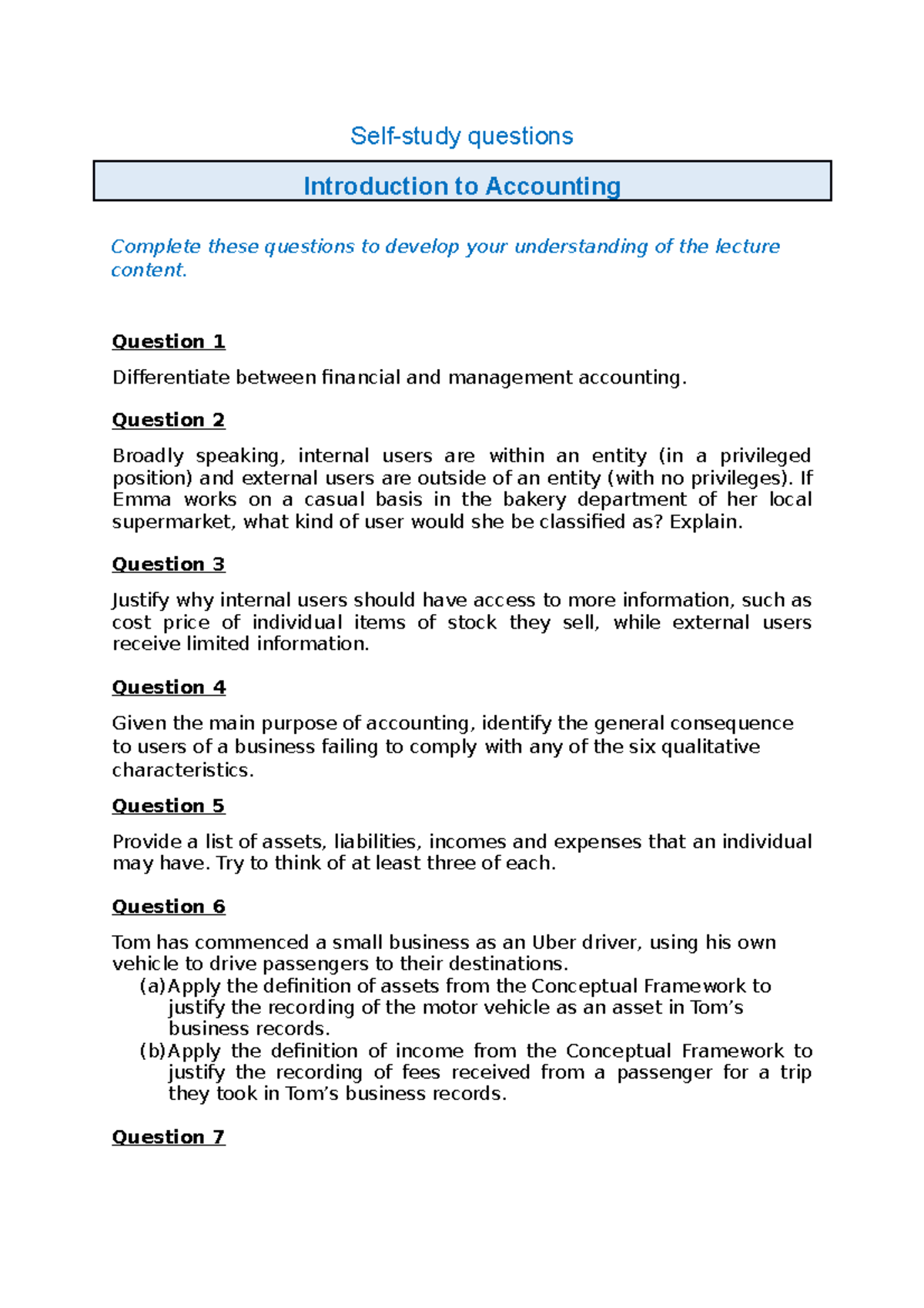 Topic 1 Self-study questions - Self-study questions Introduction to ...