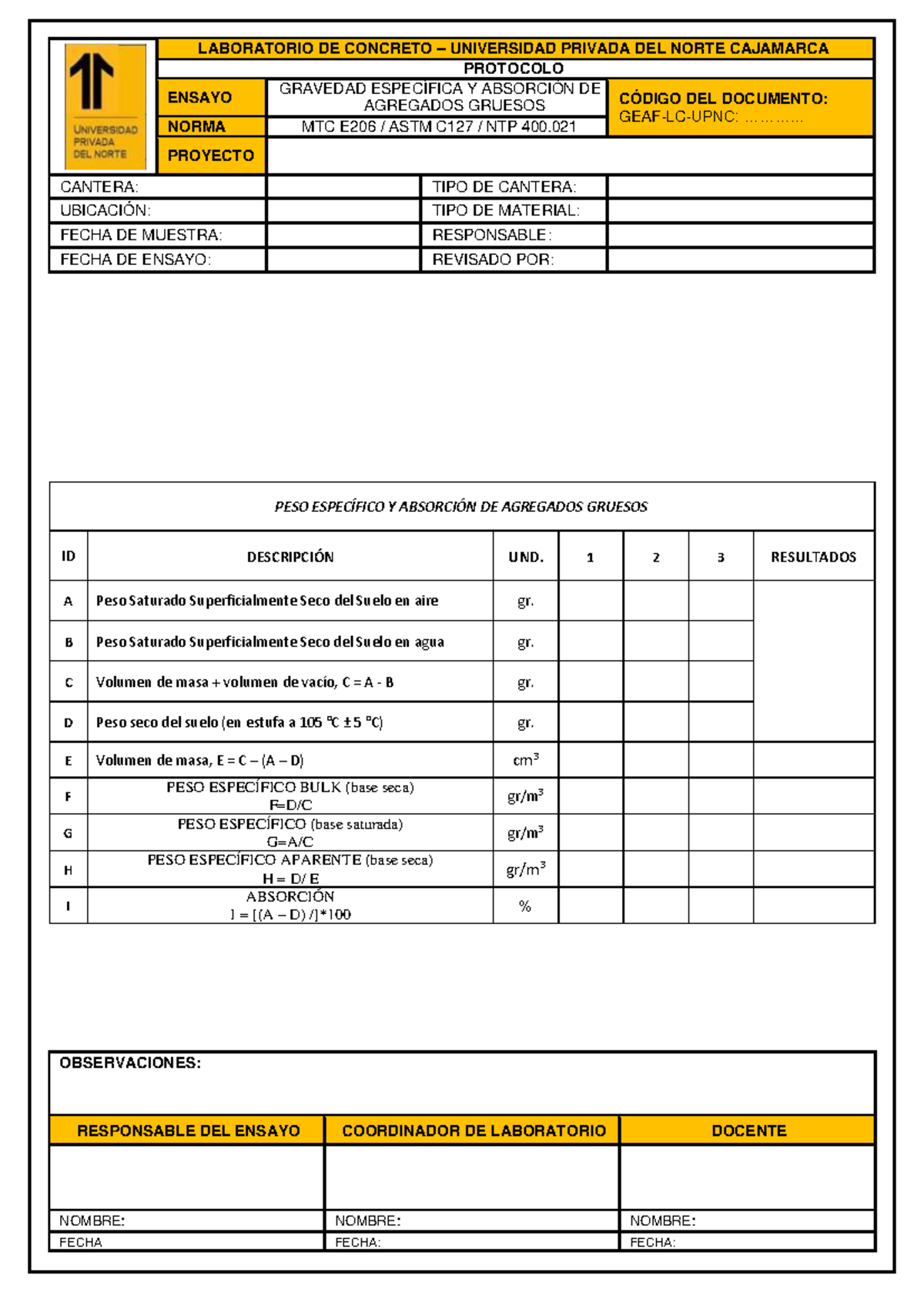 Protocolo Gravedad Específica Y Absorción DE Agregados Grueso 1 ...