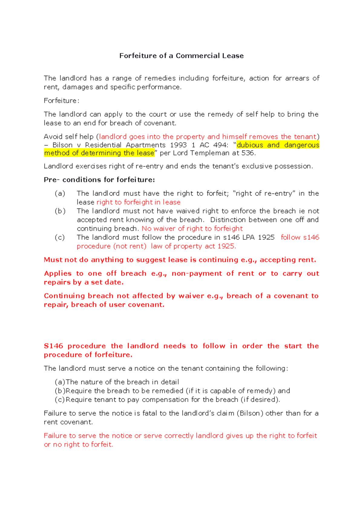 Forfeiture handout - The landlord can apply to the court or use the ...