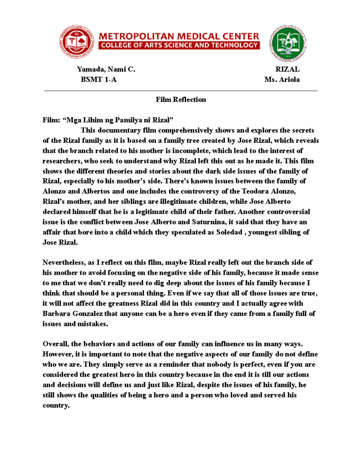 Rizal Film Reflection - Yamada, Nami C. RIZAL BSMT 1-A Ms. Ariola Film ...