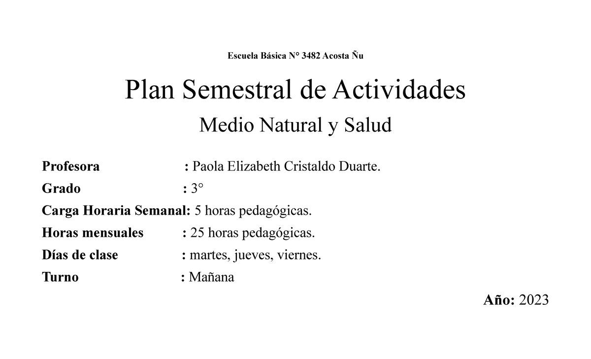 Plan semestral tercero - Escuela Básica N° 3482 Acosta Ñu Plan ...