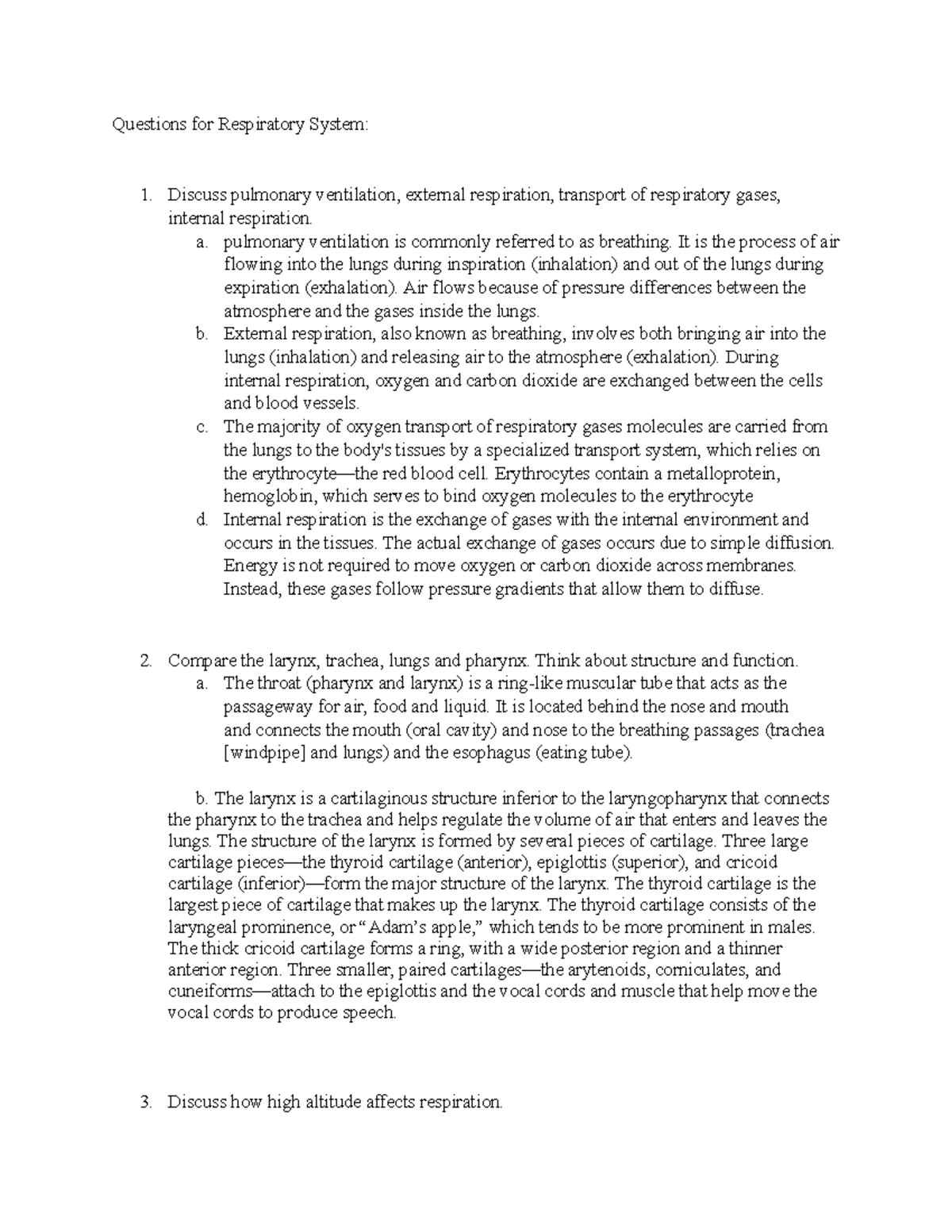 Answers for Respiratory System - Questions for Respiratory System ...