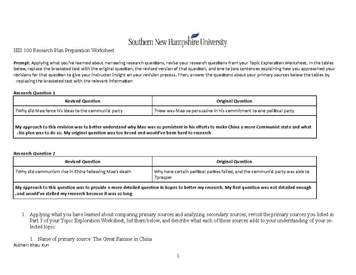 HIS 100 Research Plan Preparation Worksheet - HIS 100 Research Plan ...