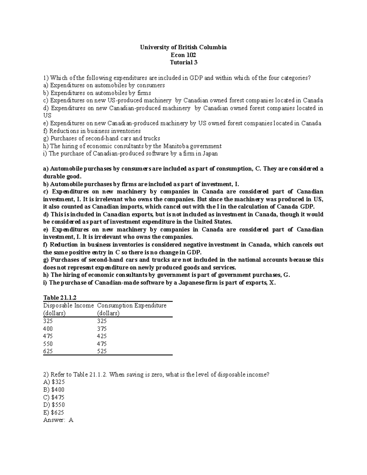 Tutorial 3 Answers - University of British Columbia Econ 102 Tutorial 3 ...