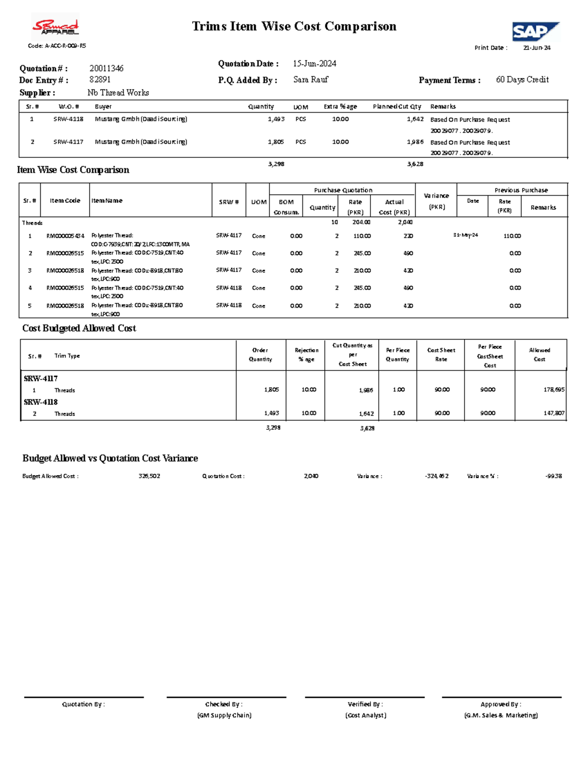 Item Wise Cost Comparison (Draft) - Trims Item Wise Cost Comparison Sr ...