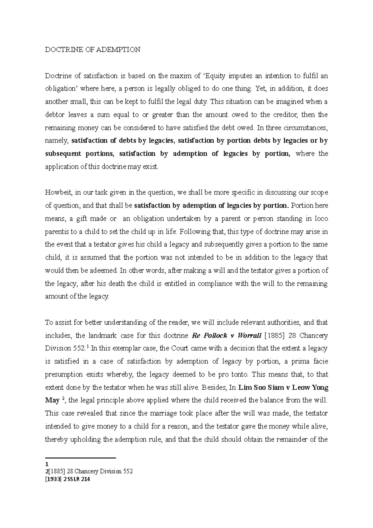Doctrine of Ademption EQUITY - DOCTRINE OF ADEMPTION Doctrine of ...