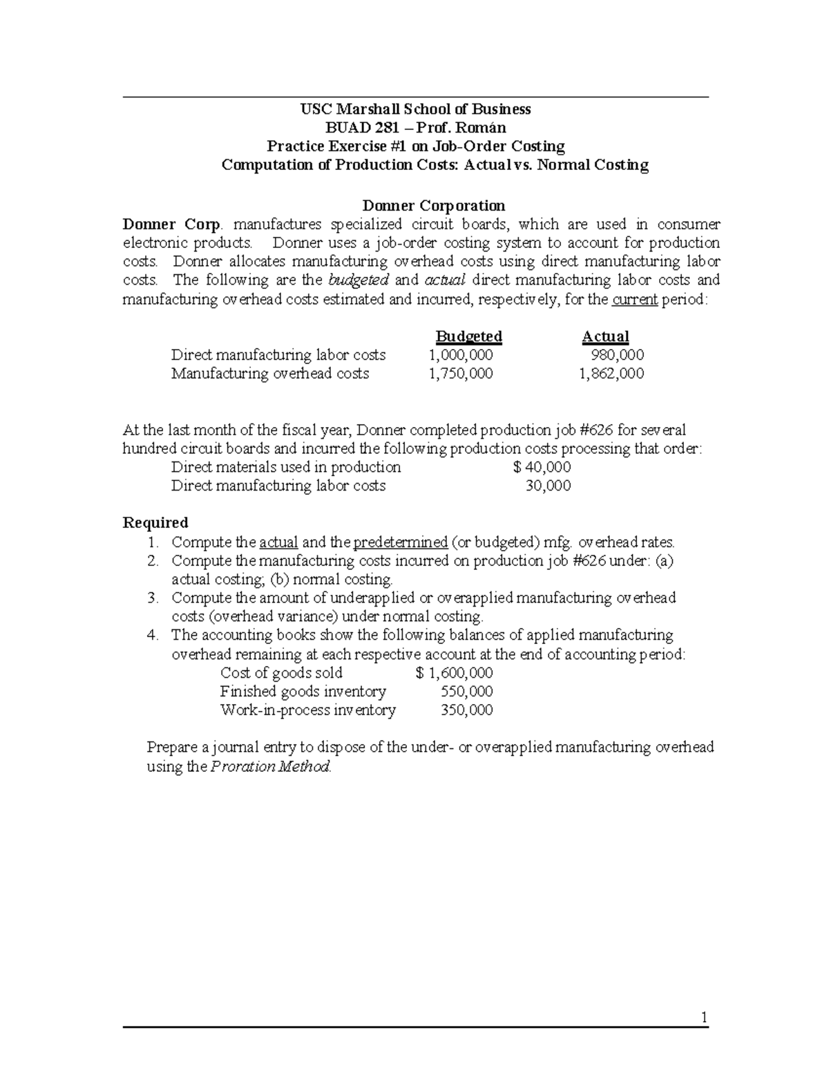 Exercise #1 (Donner) bah - 1 USC Marshall School of Business BUAD 281 ...
