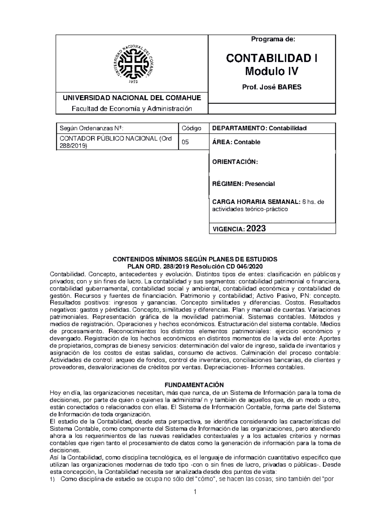 Programa Conta 1 2023 - Programa de: CONTABILIDAD I Modulo IV Prof ...
