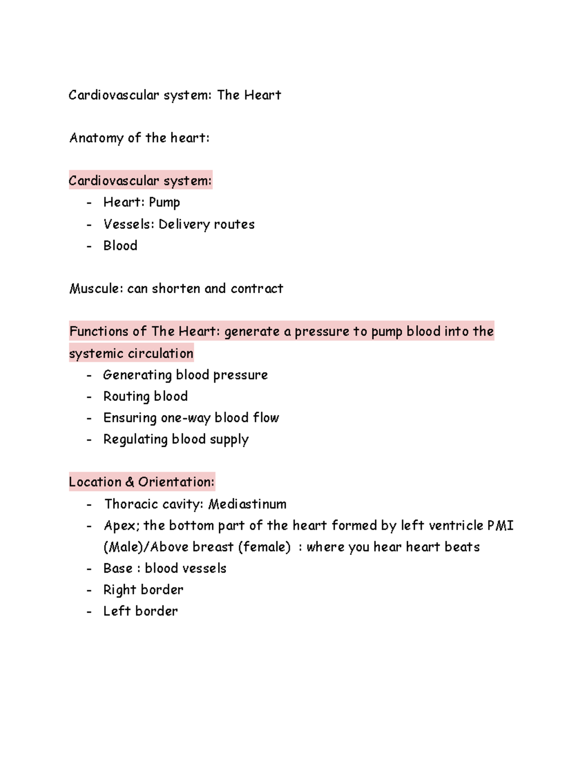 Cardiac 224 notes - Cardiovascular system: The Heart Anatomy of the ...