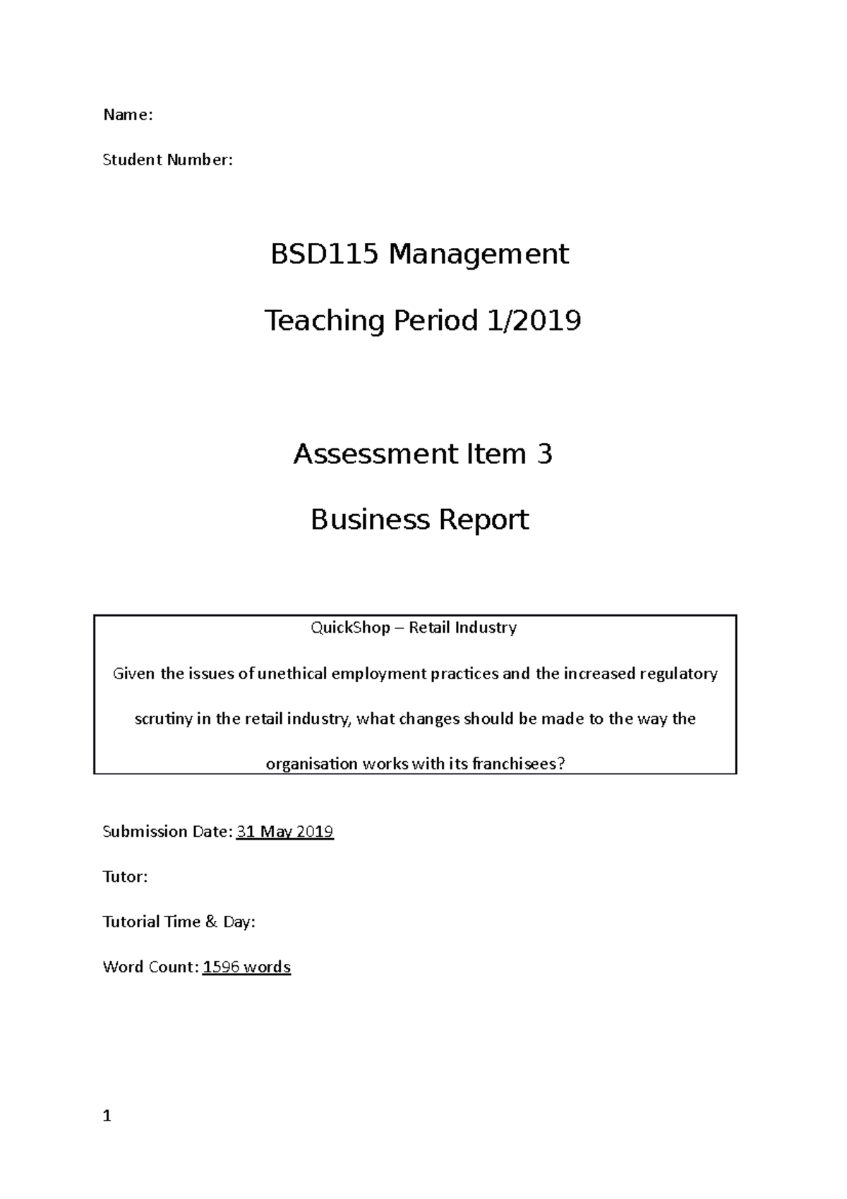 Business Report BSD115 TP1 2019 - Name: Student Number: BSD115 ...