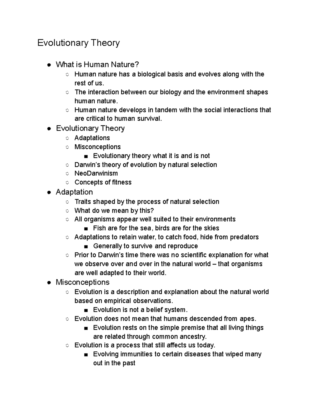 Evolution Human Nature Lecture Notes 2 - Evolutionary Theory What is ...