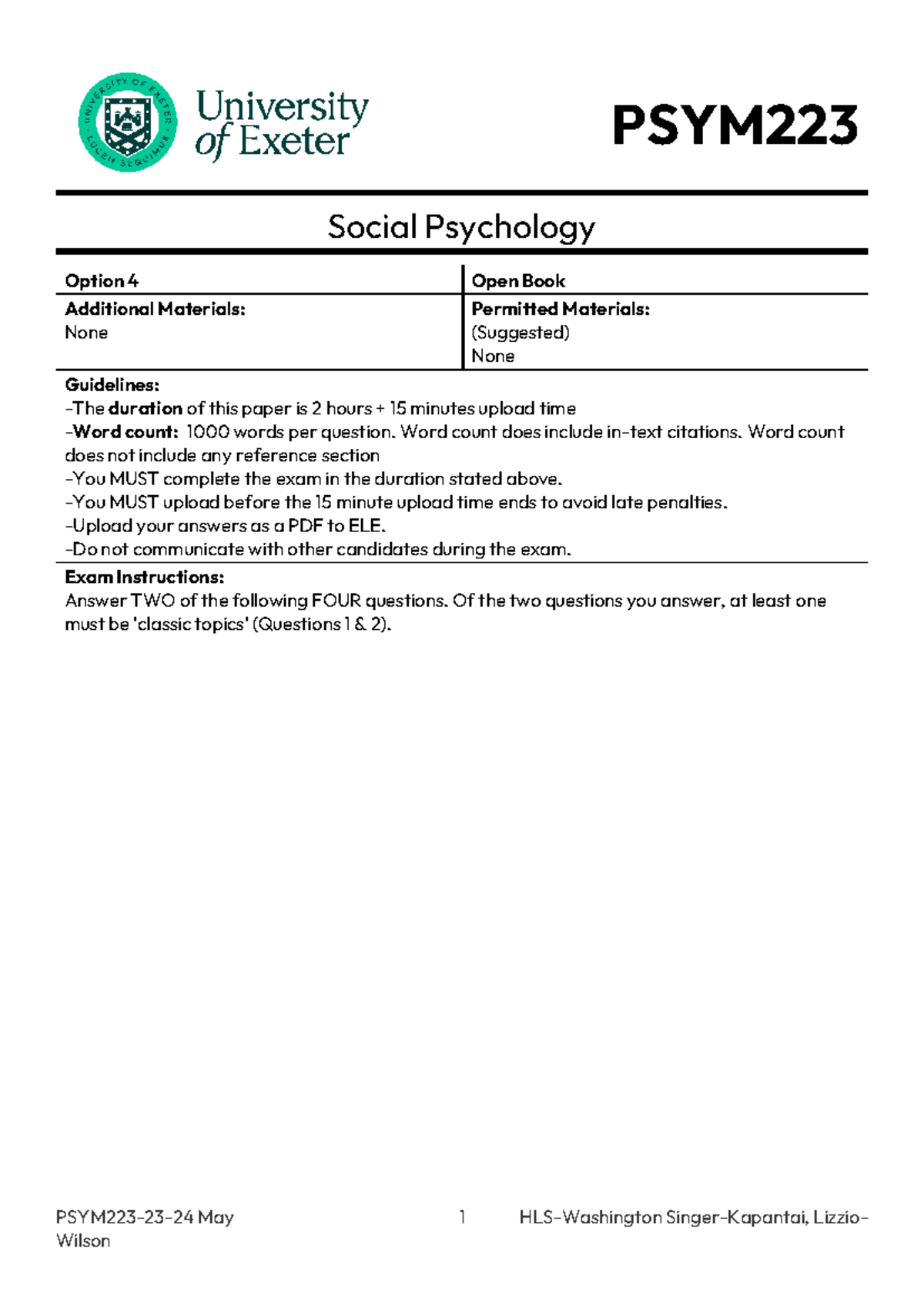 Exam Paper PSYM223 24 May WKnuc H 5e - PSYM223- 23 - 24 May 1 HLS ...