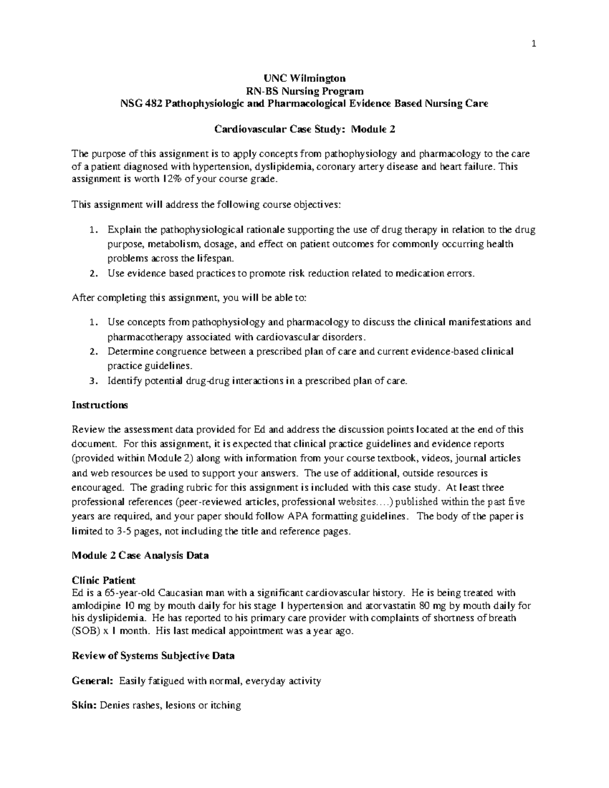 Cardiovascular Case Study Mod 2 - UNC Wilmington RN-BS Nursing Program ...