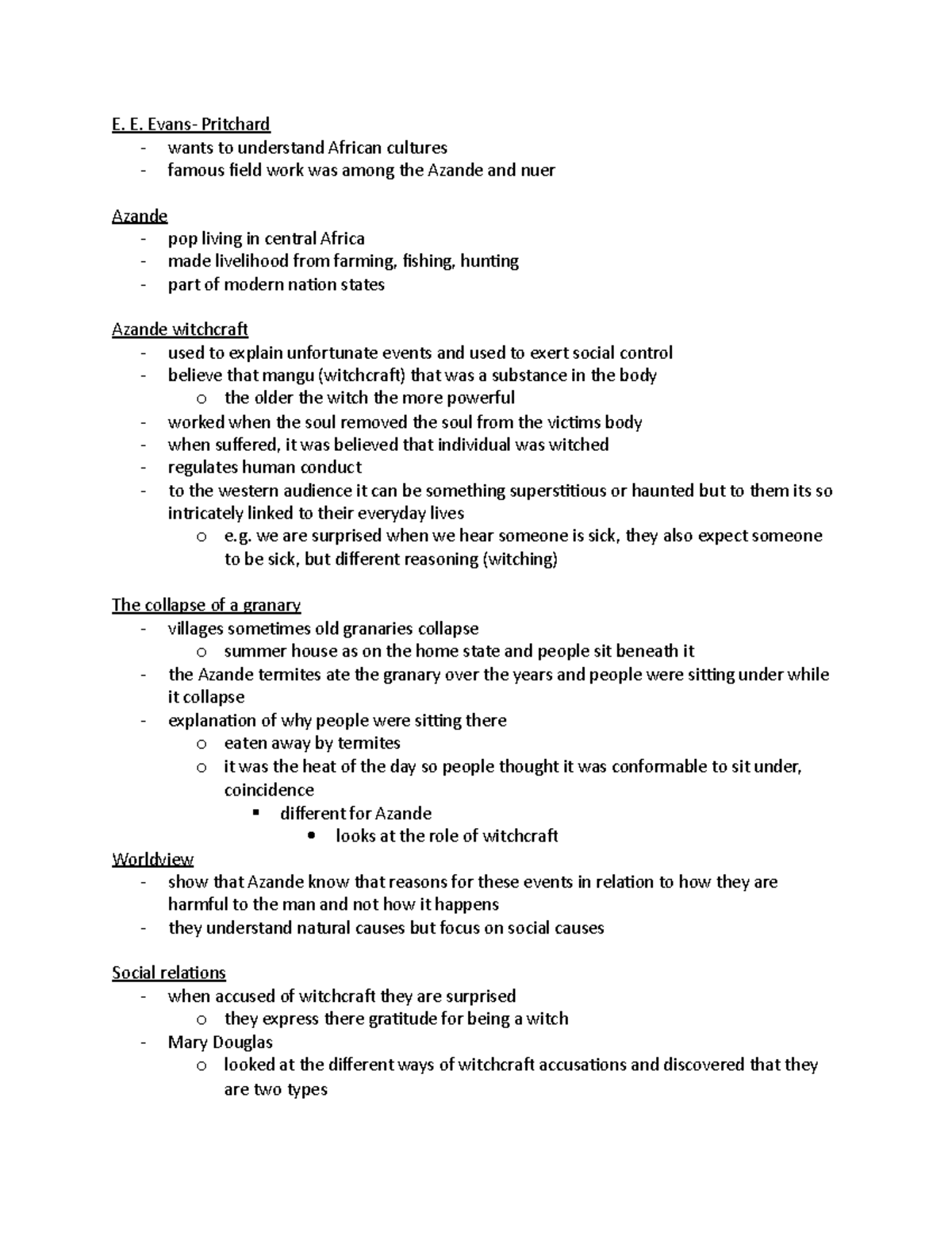 Anthro week 9 lecture 2 and textbook chapter 4 - E. E. Evans- Pritchard - wants to understand ...