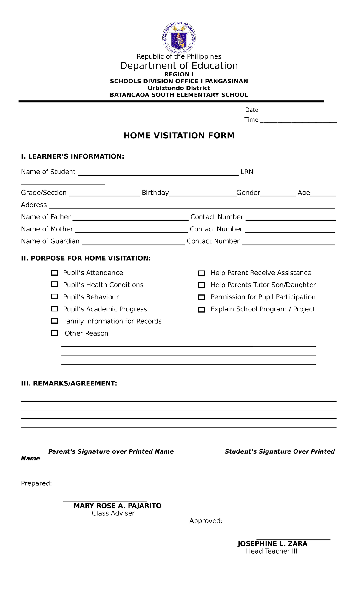 Home Visitation Form 2018 - Republic of the Philippines Department of ...