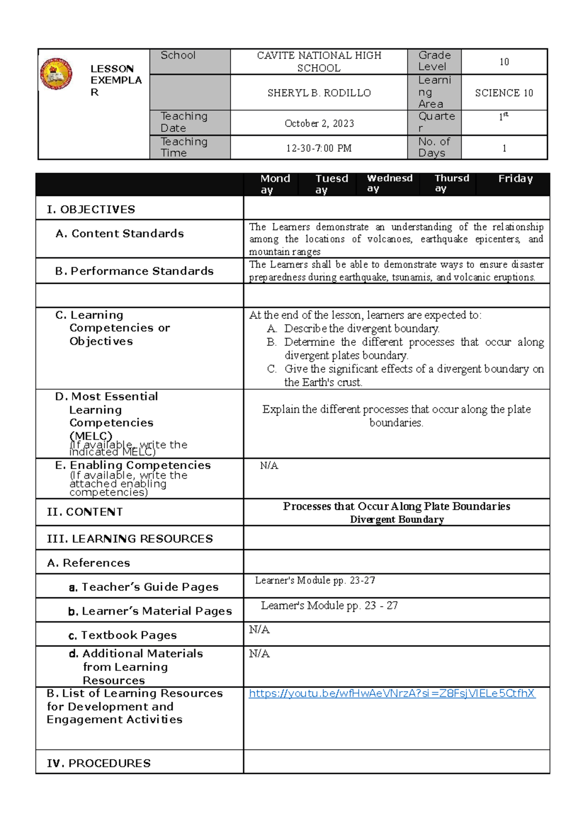DLP Oct 2, 2023 W4 - Daily lesson plan for grade 10 - LESSON EXEMPLA R ...