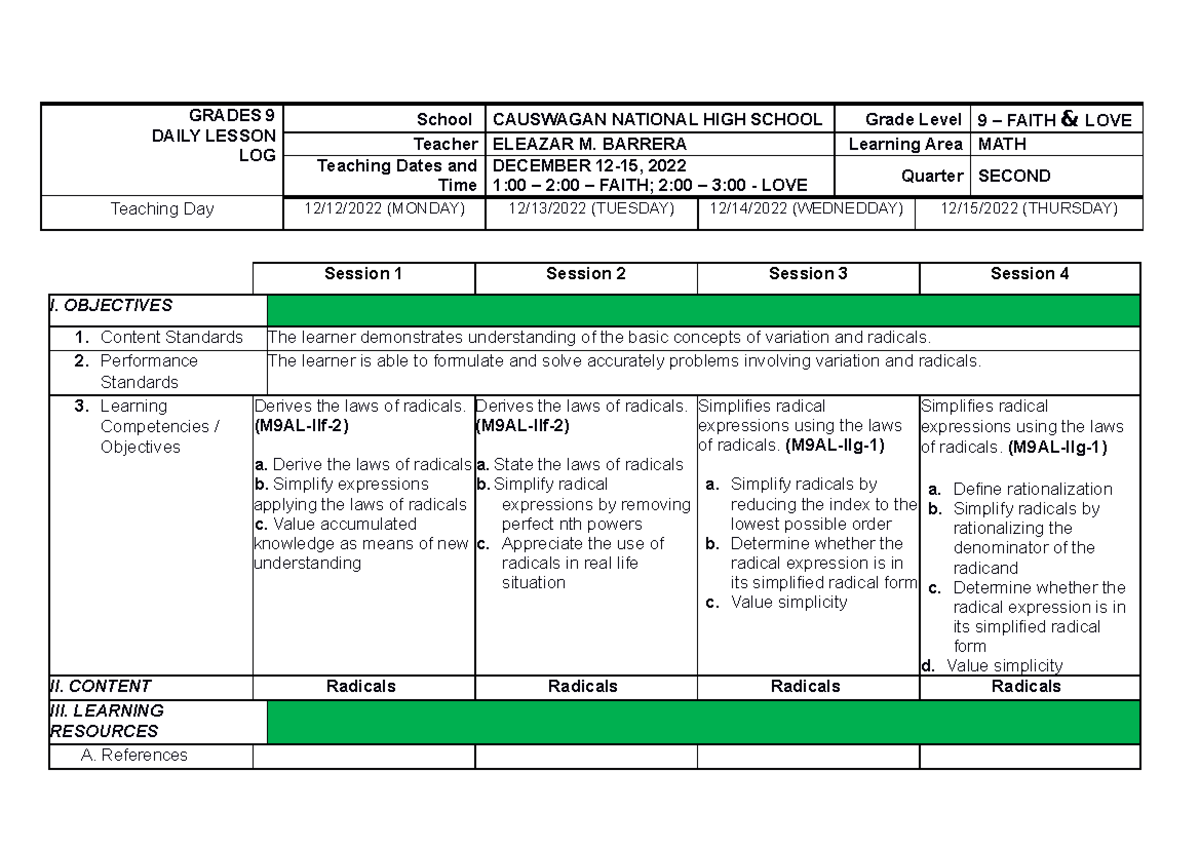 DLL Q2 W6 - n/a - GRADES 9 DAILY LESSON LOG School CAUSWAGAN NATIONAL ...