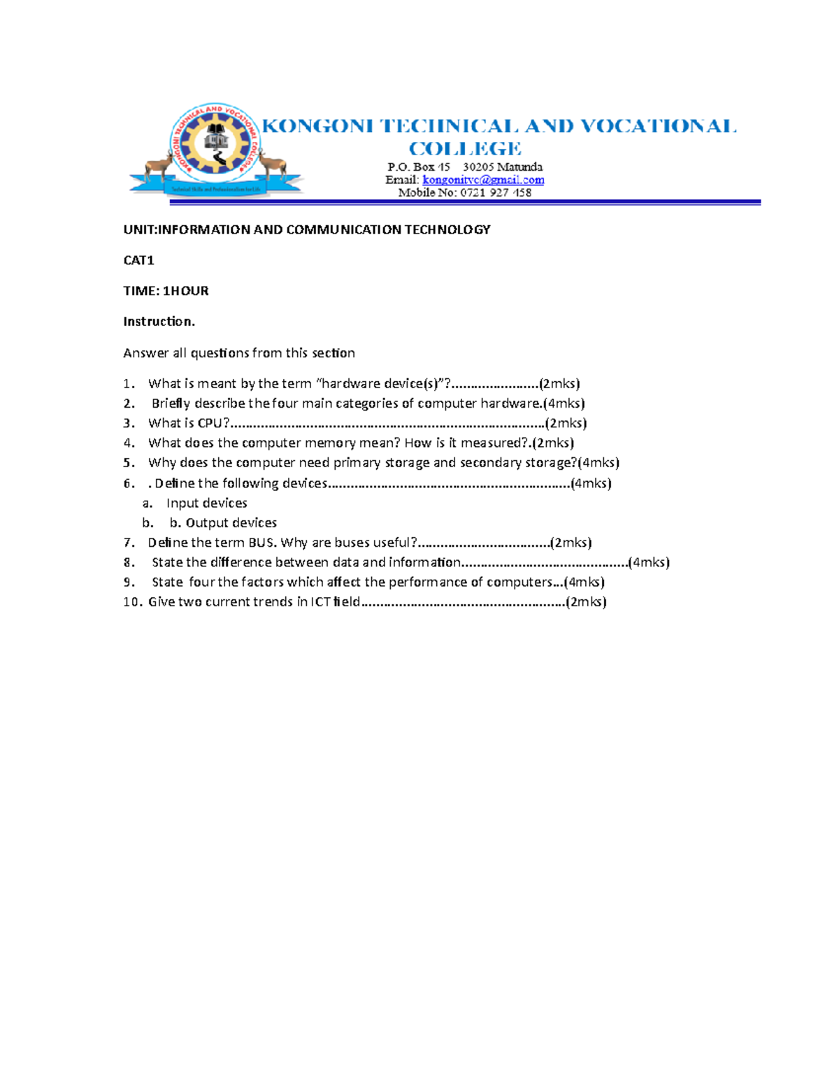 Cat 1 exam ict - nice - UNIT:INFORMATION AND COMMUNICATION TECHNOLOGY ...