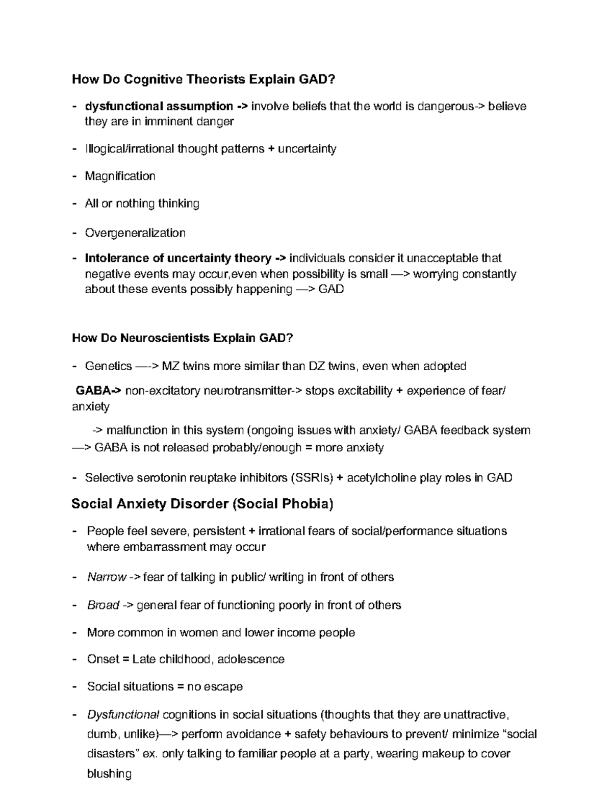 Psych Notes-13 - How Do Cognitive Theorists Explain GAD? dysfunctional ...