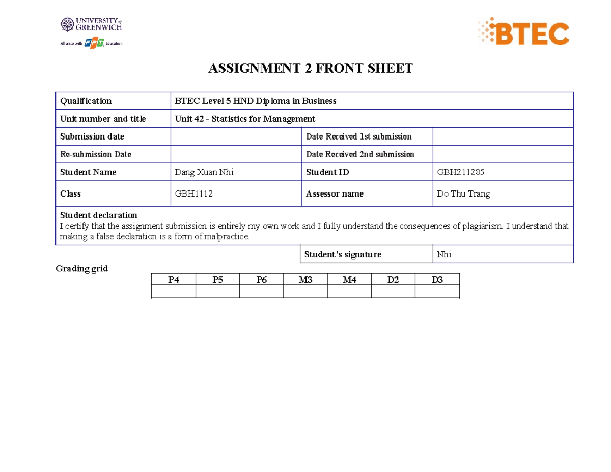 Assignment 2 - Statistics for Management ASM2 - ASSIGNMENT 2 FRONT SHEET Qualification BTEC ...