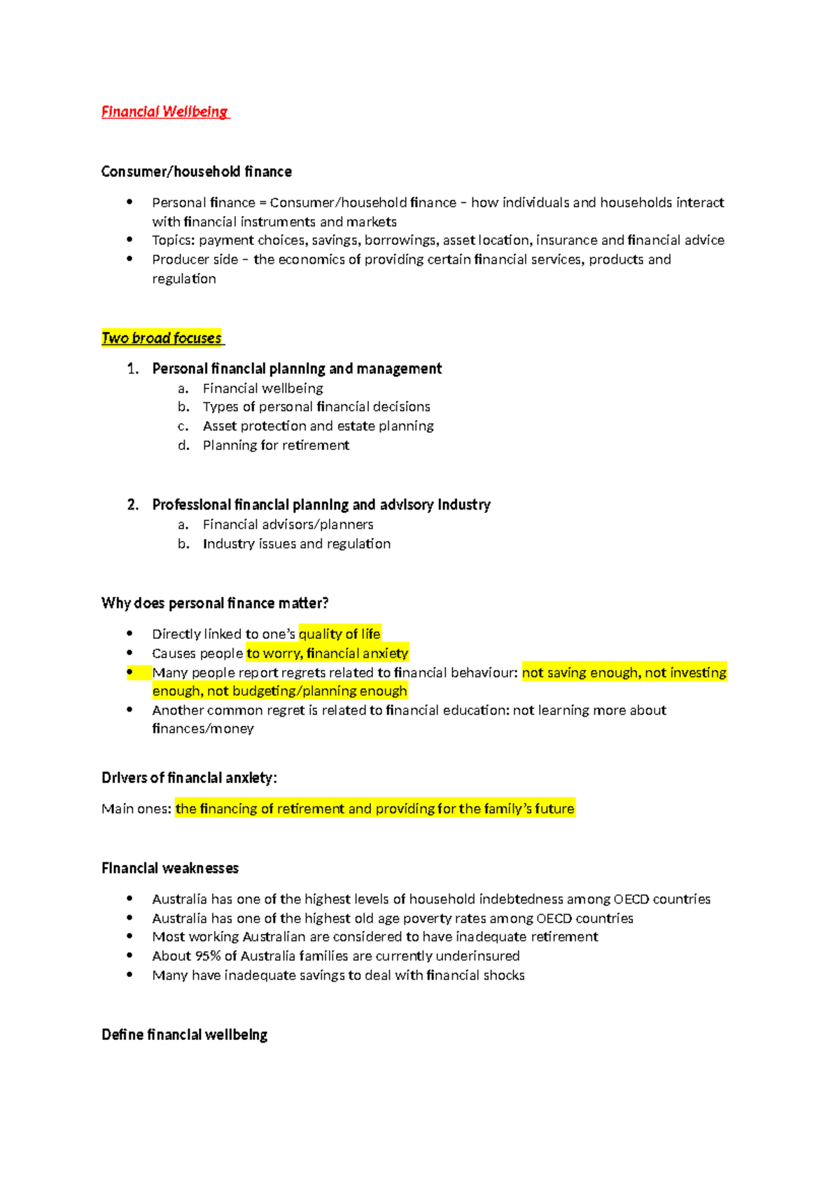 Week 1 - week 1 notes - Financial Wellbeing Consumer/household finance ...