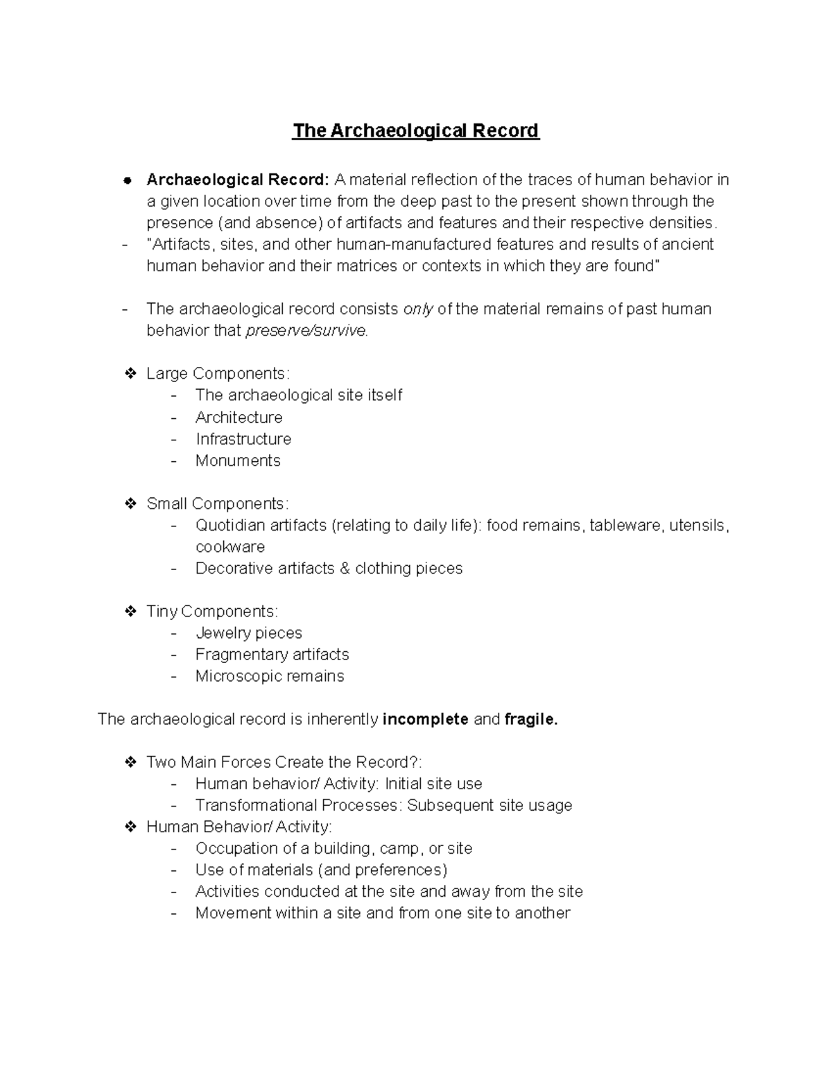 Archaelogy Class Notes - The Archaeological Record Archaeological ...