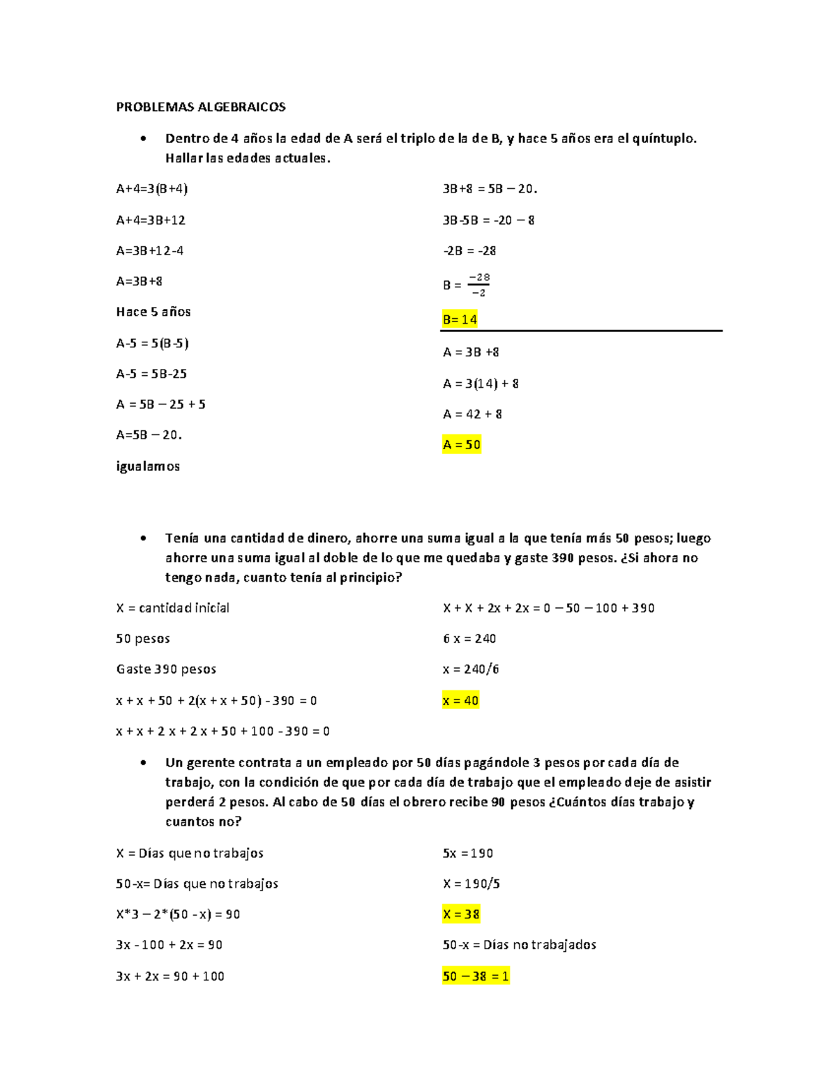 Problemas Algebraicos - PROBLEMAS ALGEBRAICOS Dentro de 4 años la edad ...