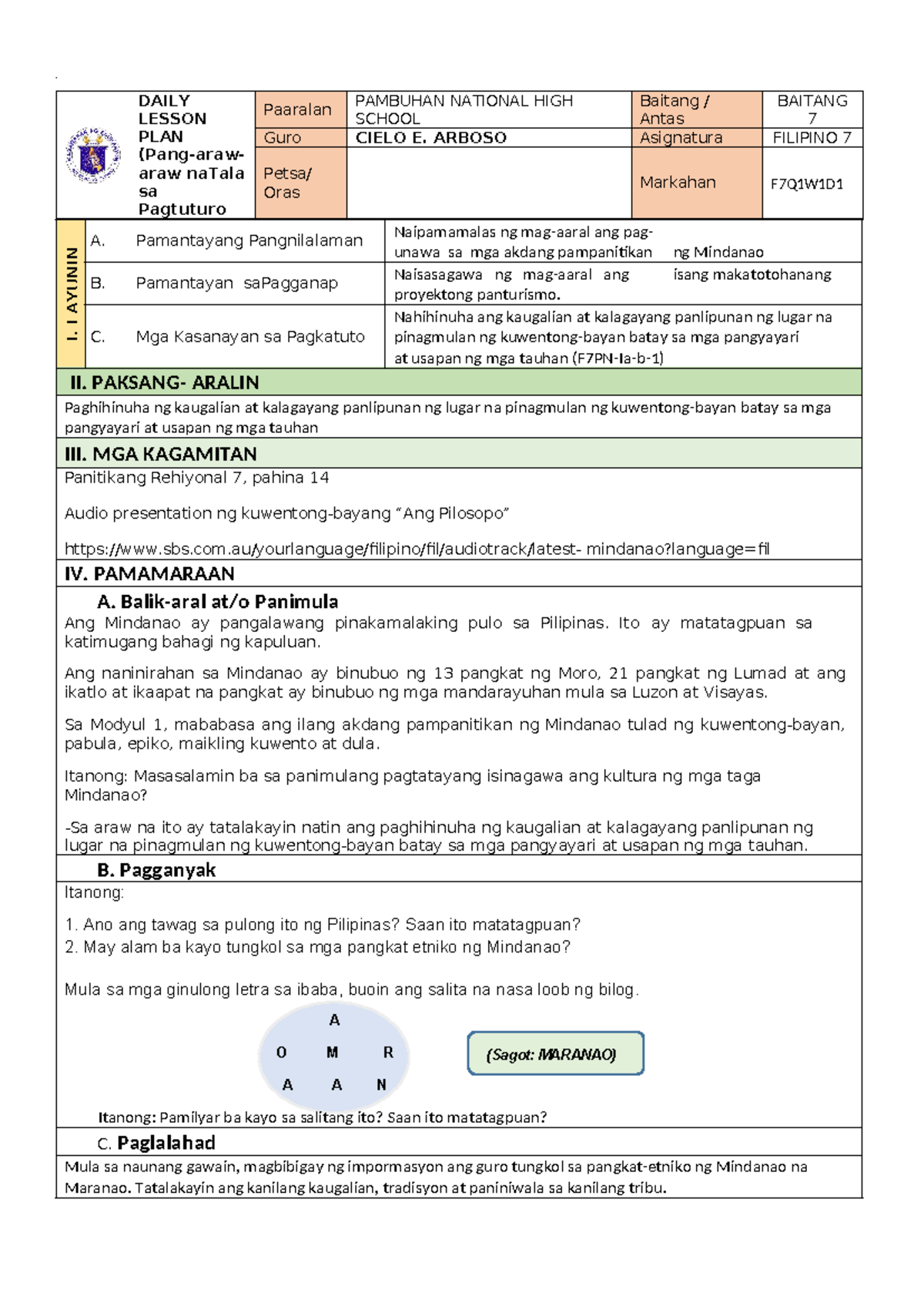Q1 W1D1 - Filipino 7 - p DAILY LESSON PLAN (Pang-araw- araw naTala sa ...