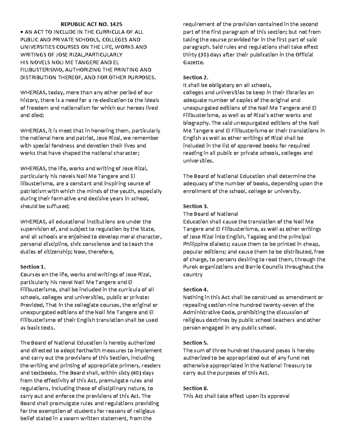 Rizal RA 1425 - REPUBLIC ACT NO. 1425 - REPUBLIC ACT NO. 1425 • AN ACT ...