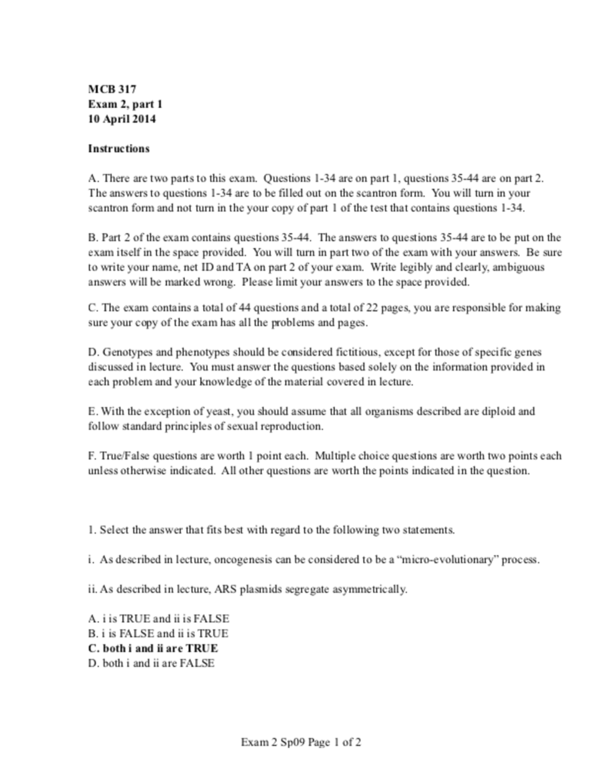 SP14 Exam 2 Key - SP 14 answer key - MCB 317 - Studocu