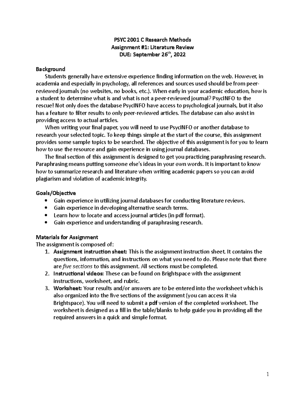 Assignment #1 - Library Research Instructions - PSYC 2001 C Research ...