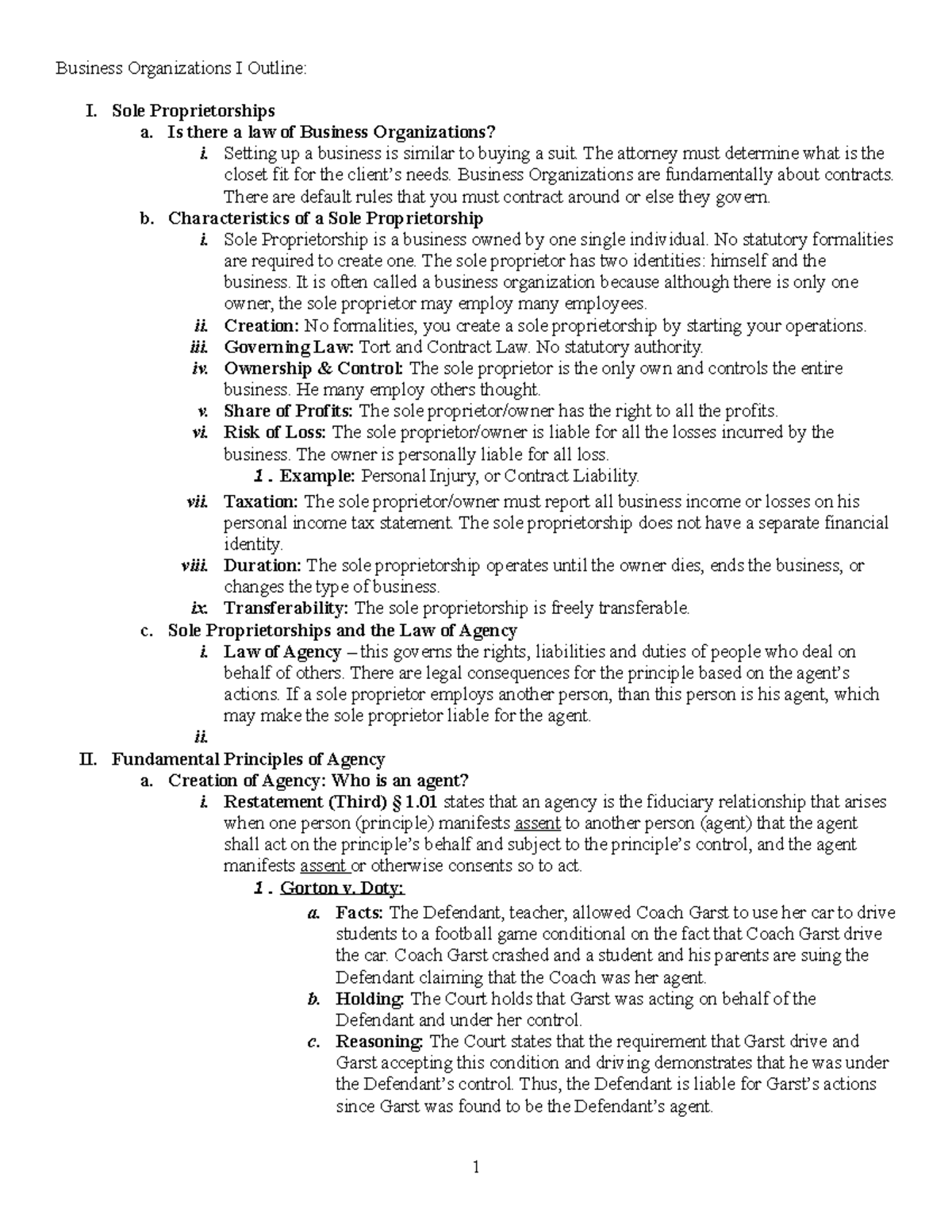 Outline Business organization - Business Organizations I Outline: I ...