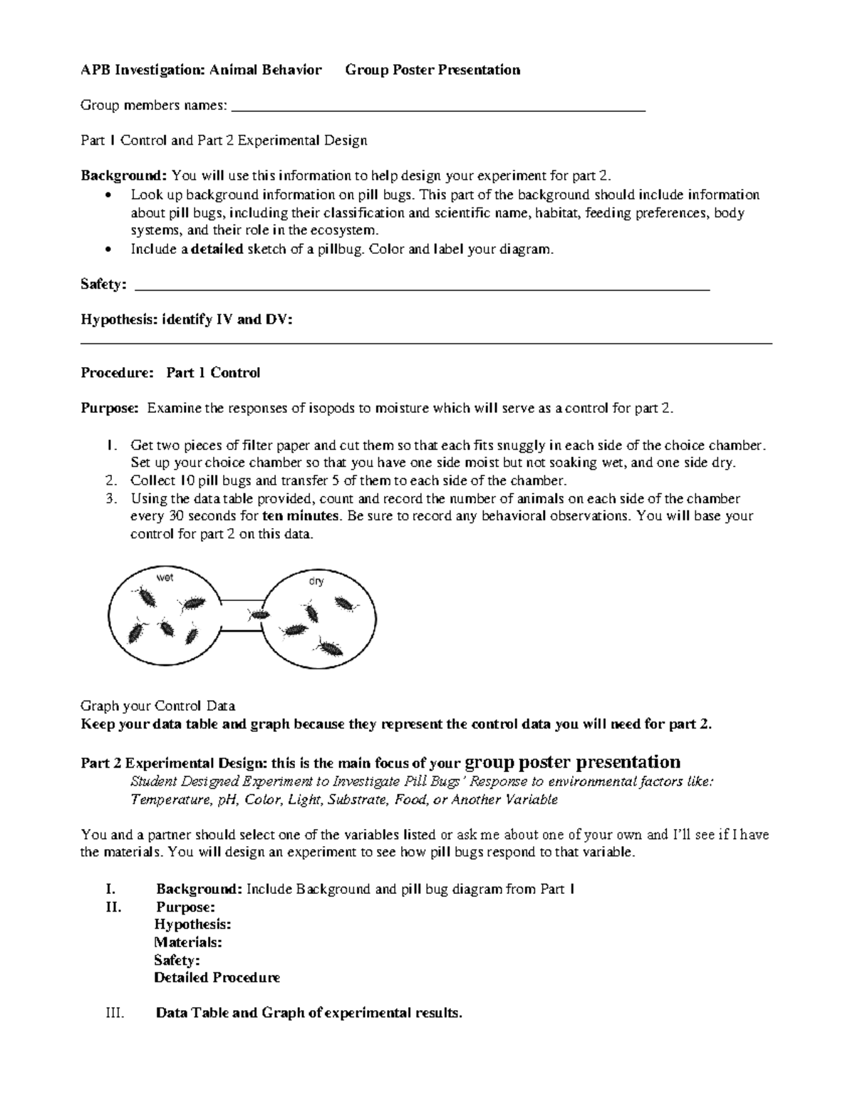APB Pill Bug Behavior and chi square - APB Investigation: Animal ...