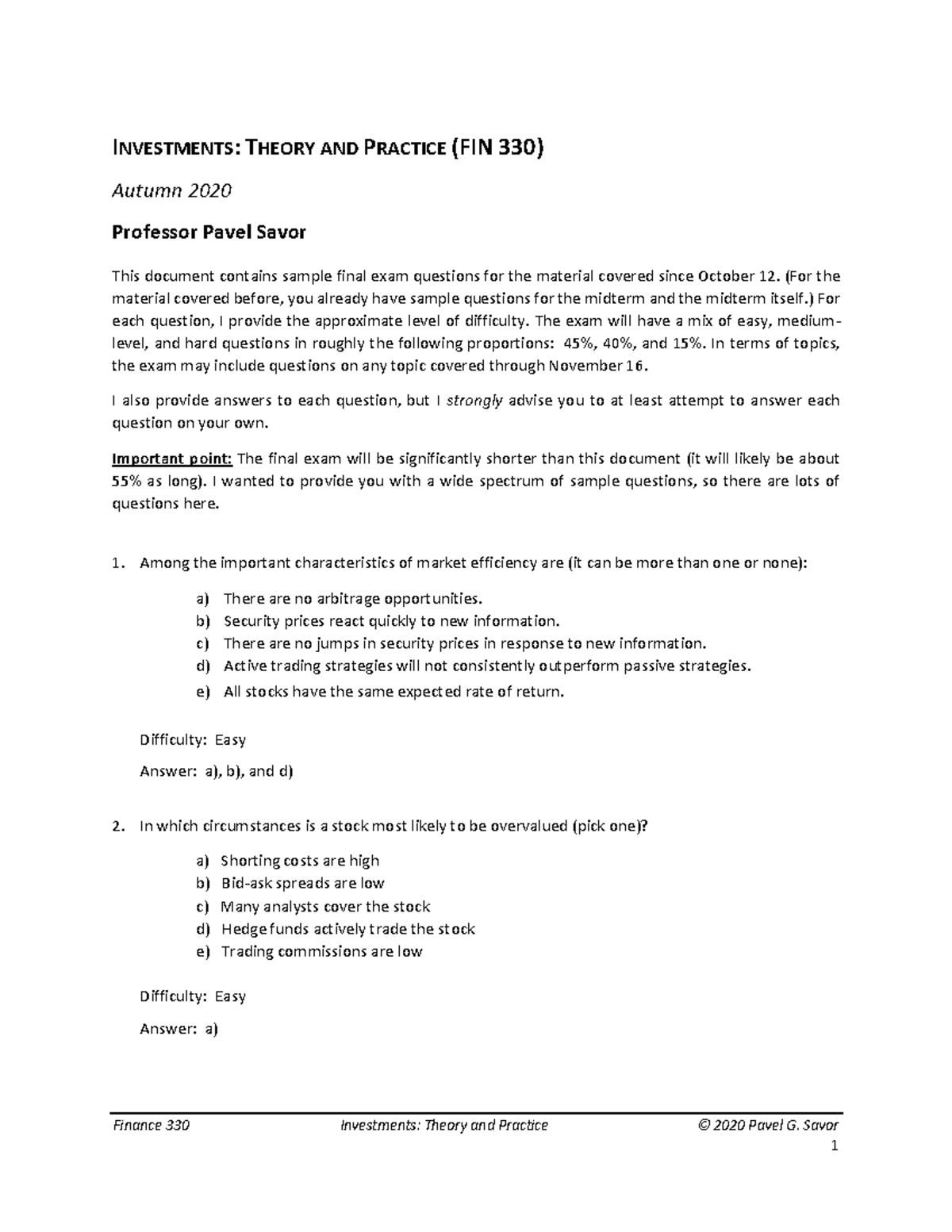 Sample Questions for Final - Finance 330 Investments: Theory and ...
