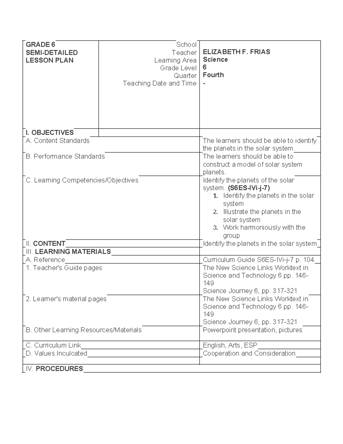 Science-6- Planets-4TH- Quarter - GRADE 6 SEMI-DETAILED LESSON PLAN ...