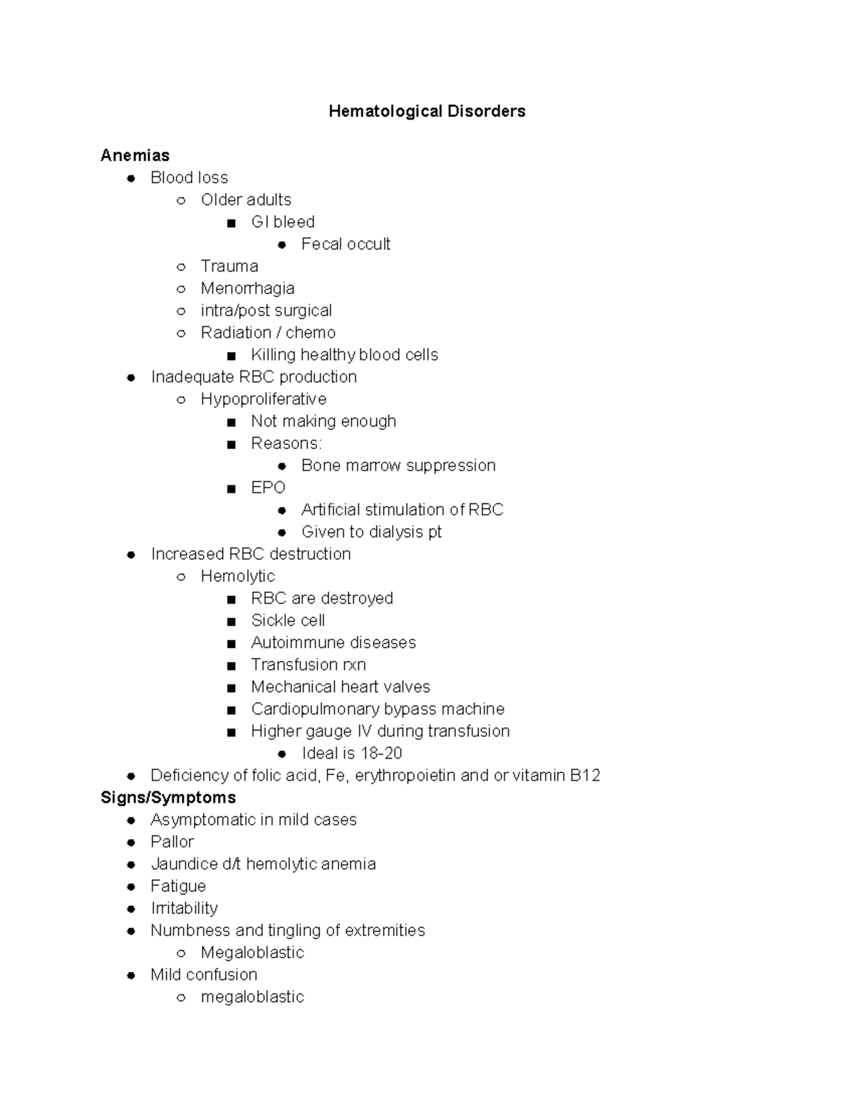 Adult 2 2/25: Hematological Disorders - Hematological Disorders Anemias ...