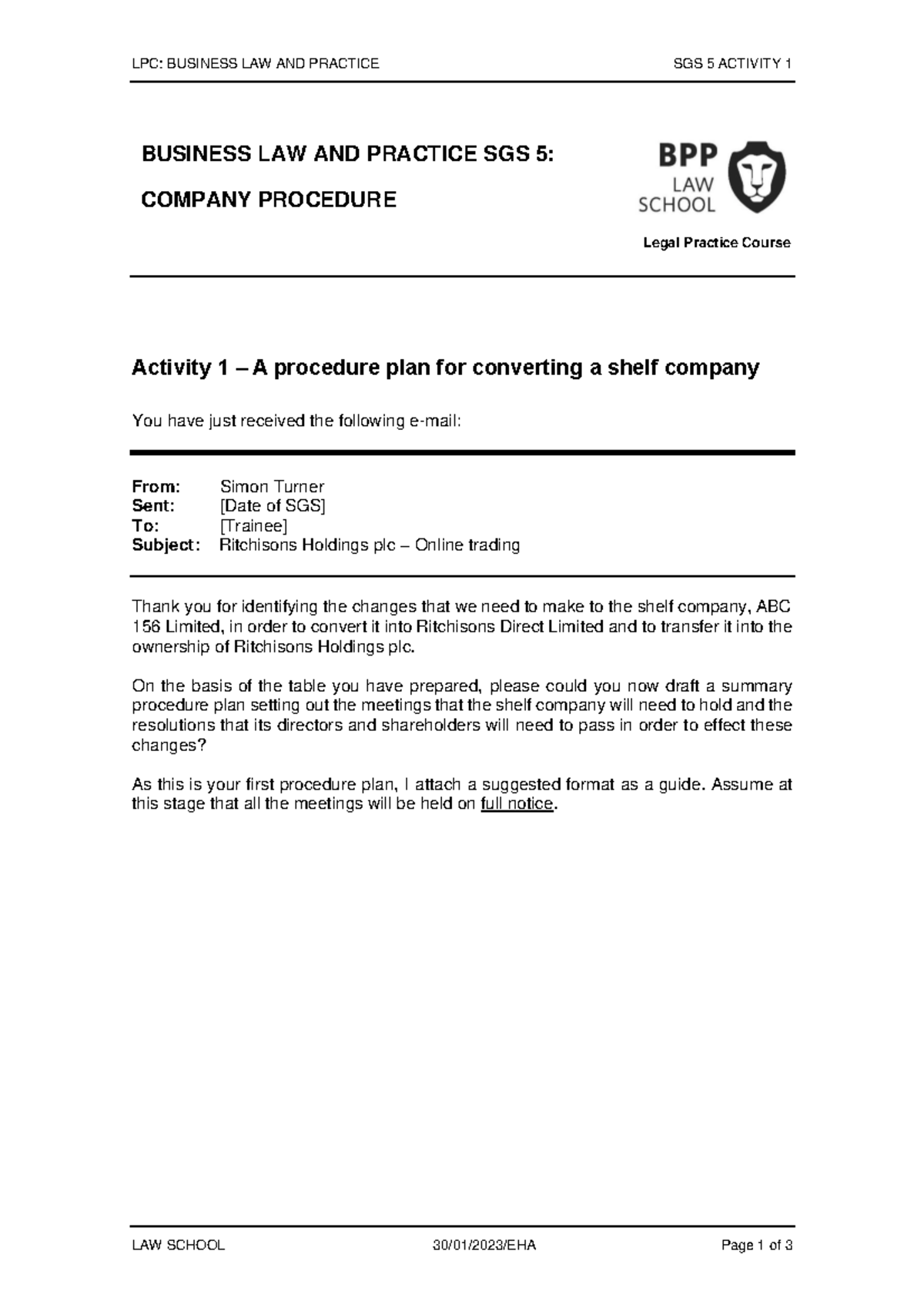 BLP SGS 05 Activity 1 22-23 - LPC: BUSINESS LAW AND PRACTICE SGS 5 ...