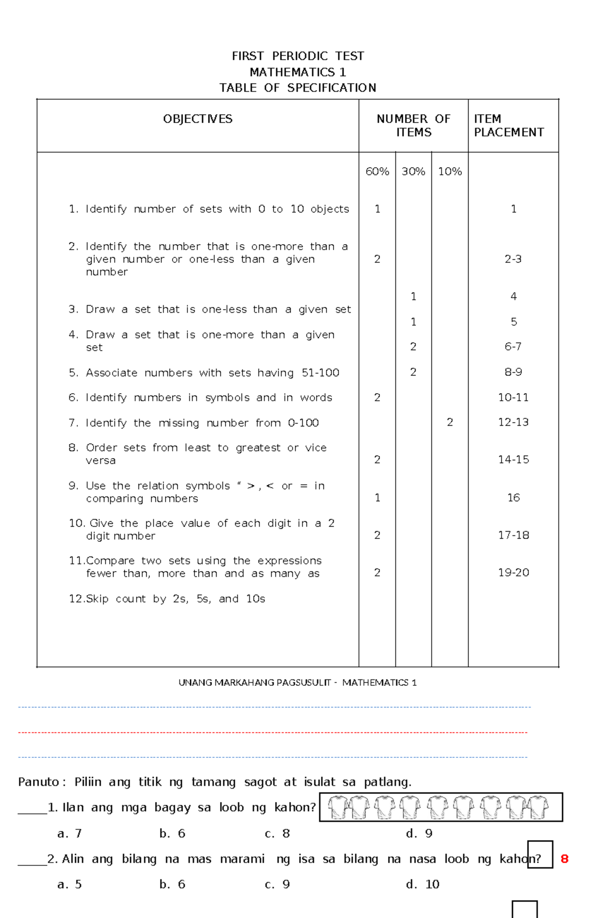PT Mathematics 1 Q1 - Material for students - FIRST PERIODIC TEST ...