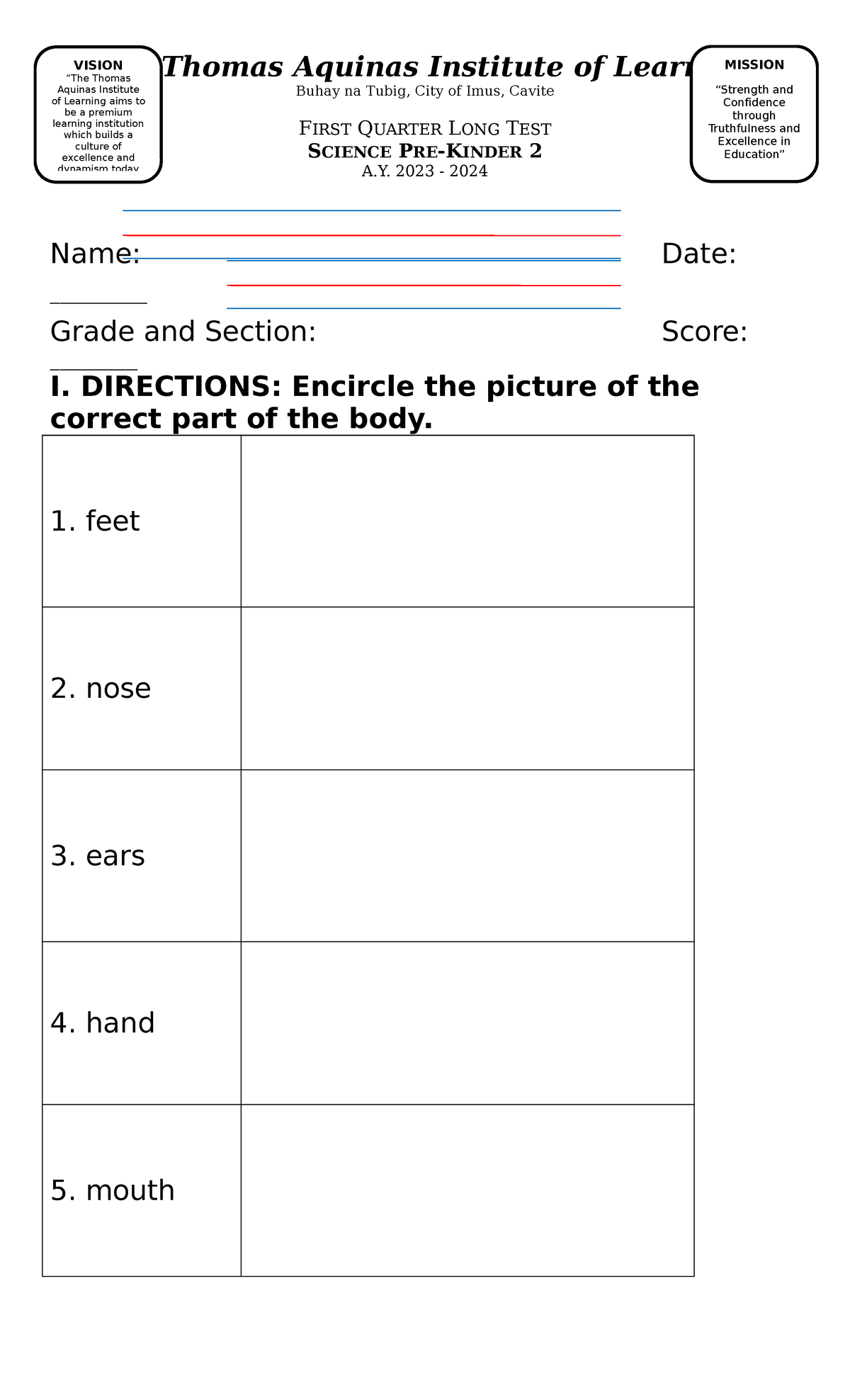 LONG TEST - Long test in a private school - The Thomas Aquinas ...