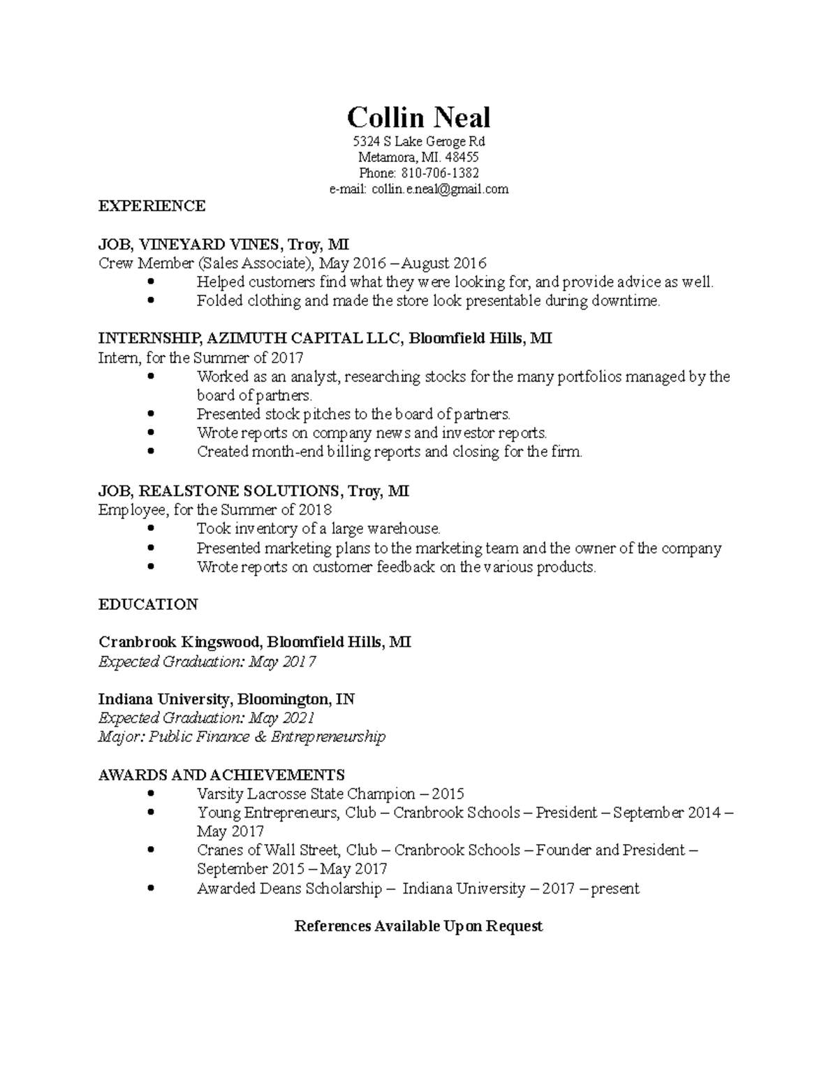 Resume, Job Desc., & Cover Letter - Collin Neal 5324 S Lake Geroge Rd ...