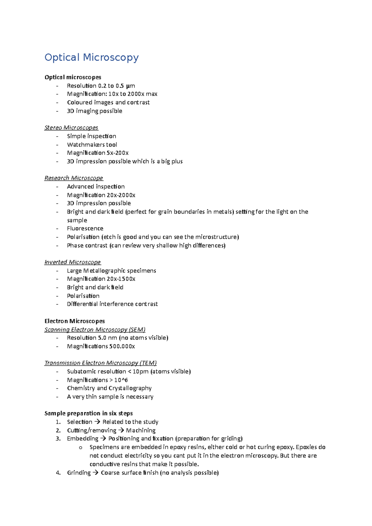 Optical Microscopy lecture summary - Optical Microscopy Optical ...
